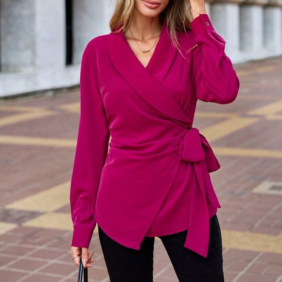 Tops | Red Violet Elegant Womens Shawl Collar Knot Side Wrap Blouse ...